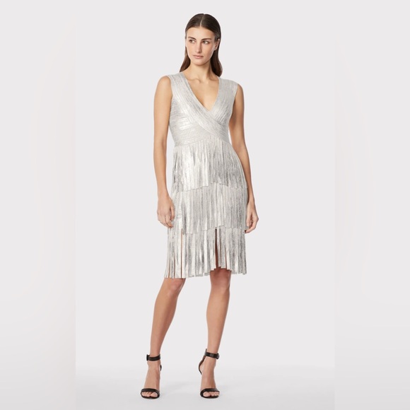 Herve Leger | Dresses | Sold Herve Leger V Neck Foil Fringed Midi Dress ...